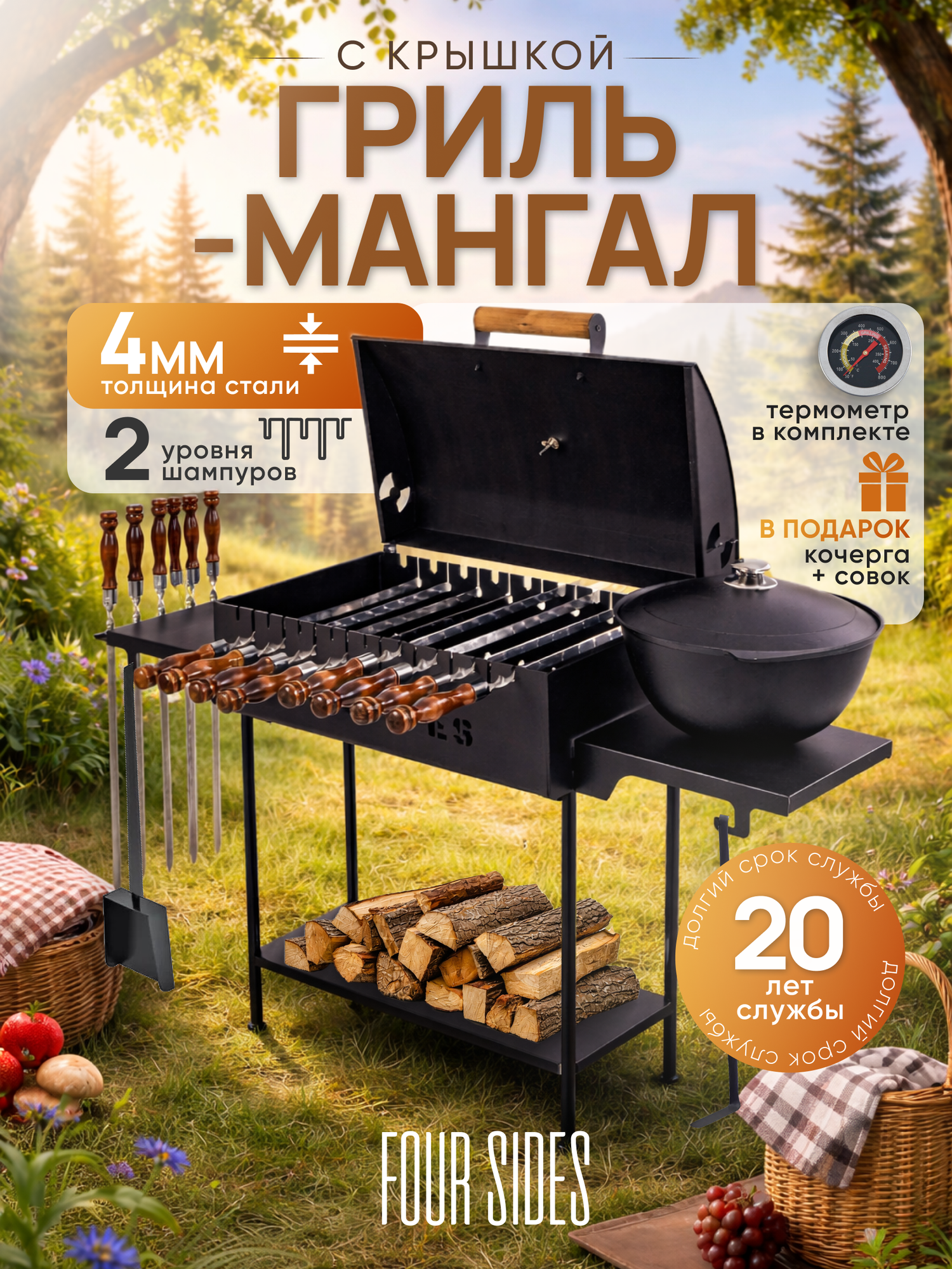 Мангал GrillFox с крышкой, переносной, толщина стенок 4 мм, жаропрочная эмаль, черный