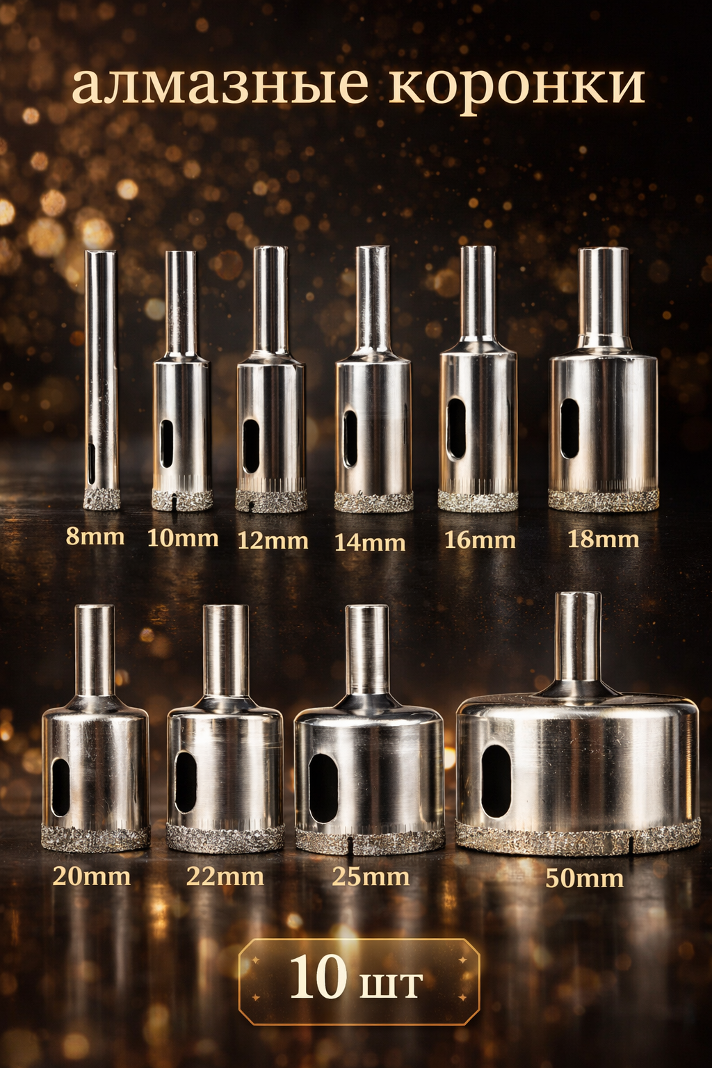Набор алмазных коронок по керамограниту XCAN 8-50мм, 10 предметов для работ по керамограниту и стеклу
