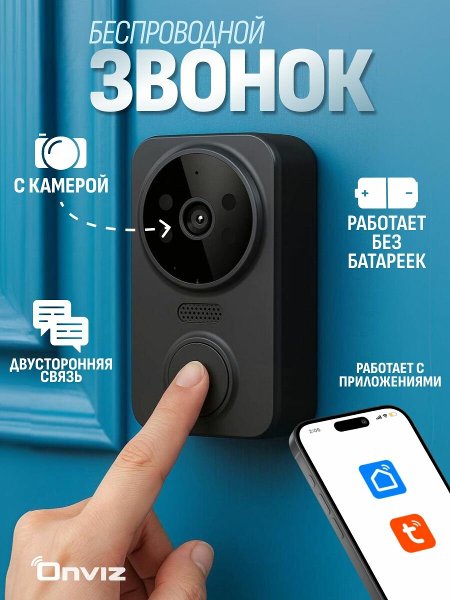 Видеоглазок Onviz для входной двери черный с wifi, беспроводной дверной видеозвонок с камерой и микрофоном