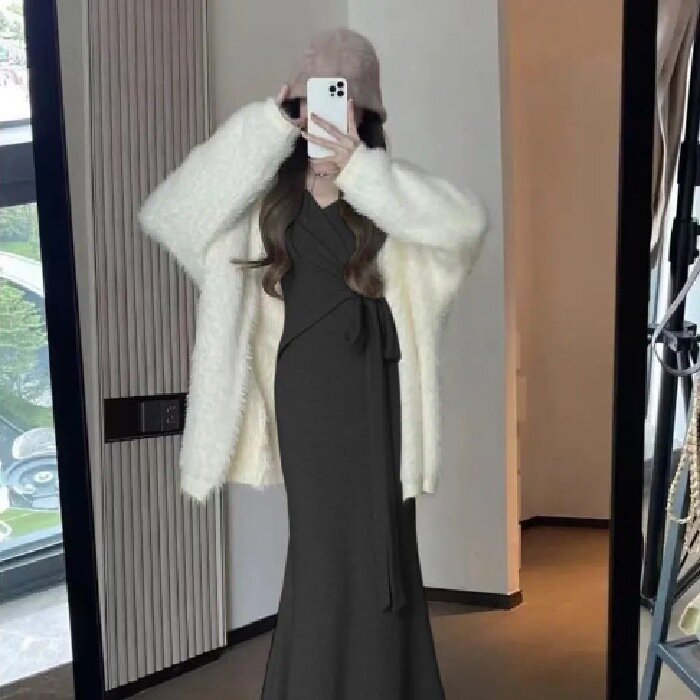 YM Mall 323 Топ с мехом и платье, облегающее длинное тёплое женское зимнее платье