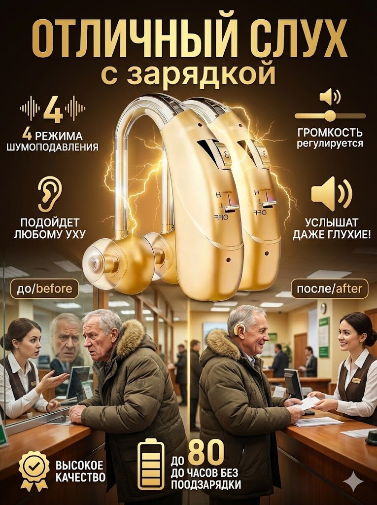 Накладной слуховой прибор с зарядным устройством для пожилых и взрослых