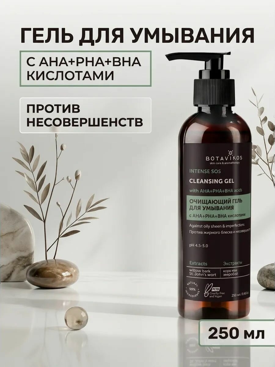 Гель для умывания Очищающий с AHA+PHA+BHA INTENSE SOS для интенсивного спасения кожи от загрязнений и несовершенств, 250 мл