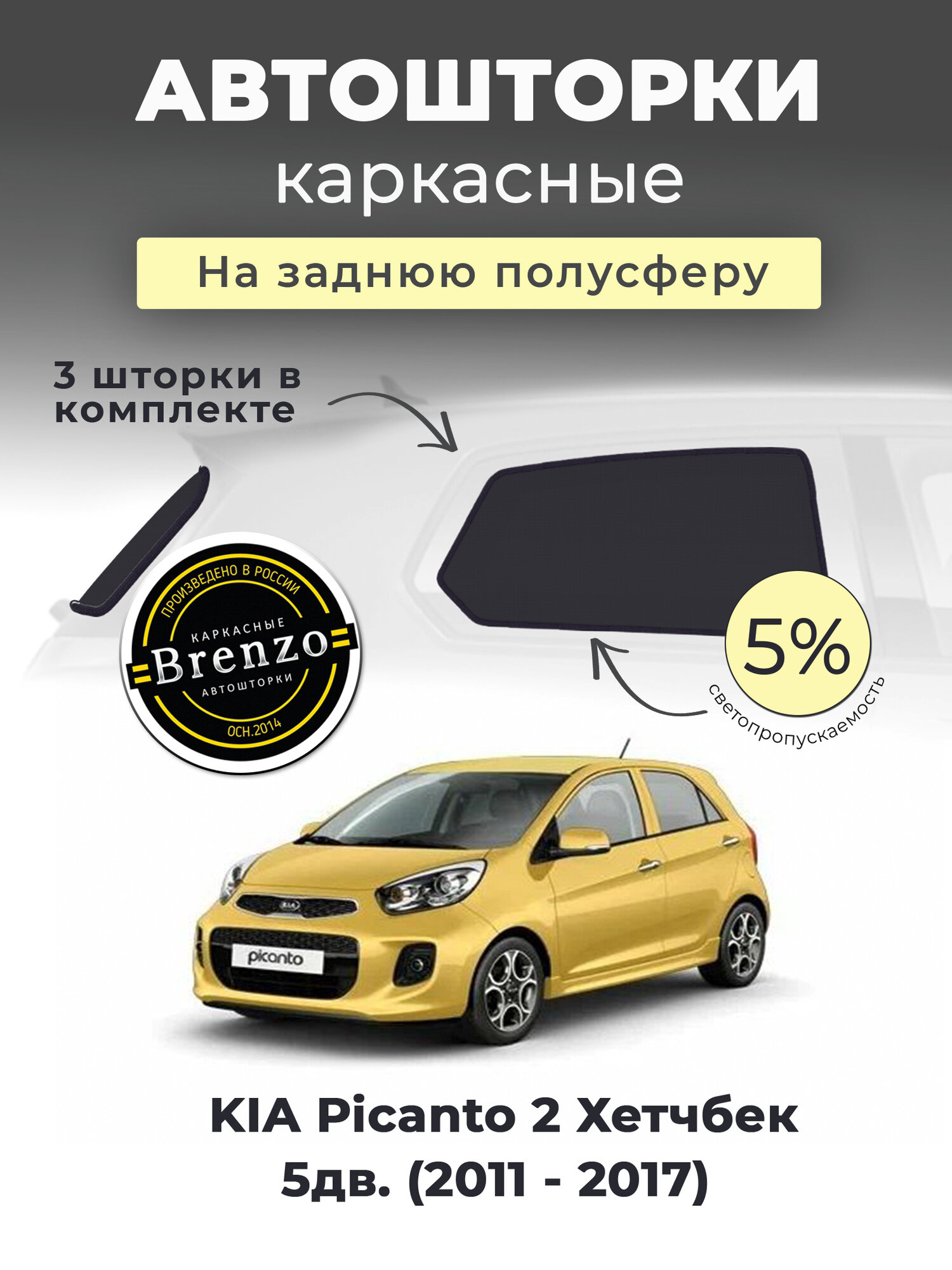 Каркасные шторки KIA Picanto 2 Хетчбек 5дв. (2011 - 2017) на заднюю полусферу 5%, сетки от солнца в машину