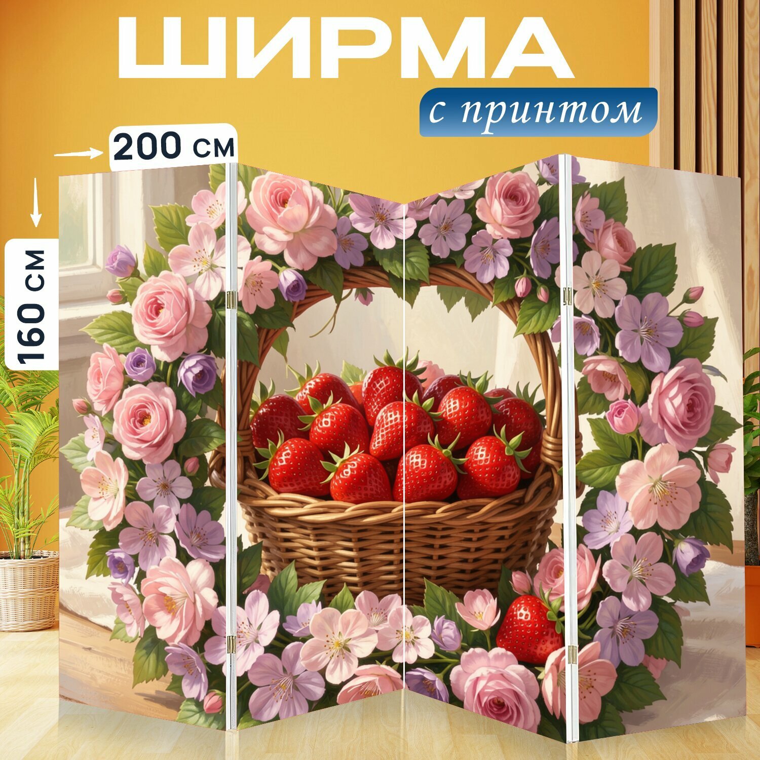 Ширма "Цветочная корзина со спелой клубникой. Нежная летняя композиция: плетеная корзина, окруженная розовыми." перегородка для зонирования комнаты с принтом 200x160 см. на холсте