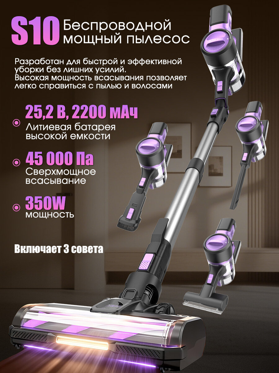 INSE Вертикальный беспроводной пылесос S10 45 000 Па, 80 минут, Тихий, Турбо щётка, Лазерная подсветка, Съёмный аккумулятор