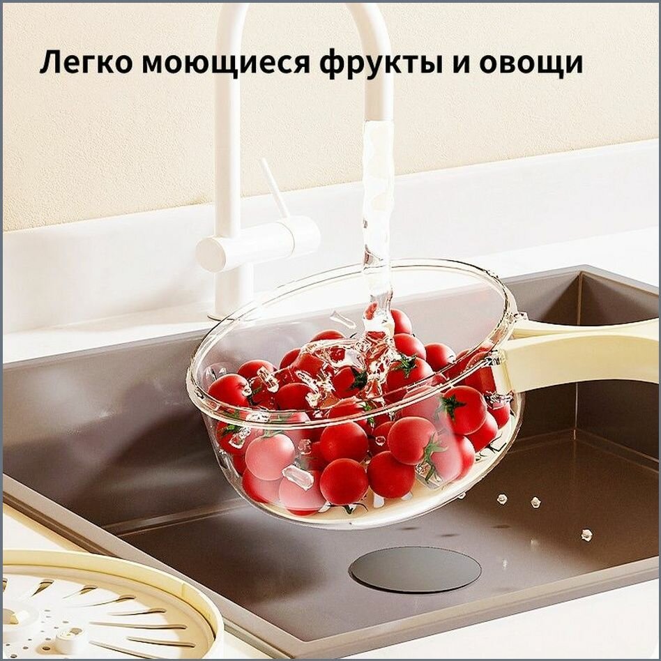Дуршлаг-корзина 3 в 1, пищевой пластик, диаметр 15,5см, складная, кремовая — фото 1