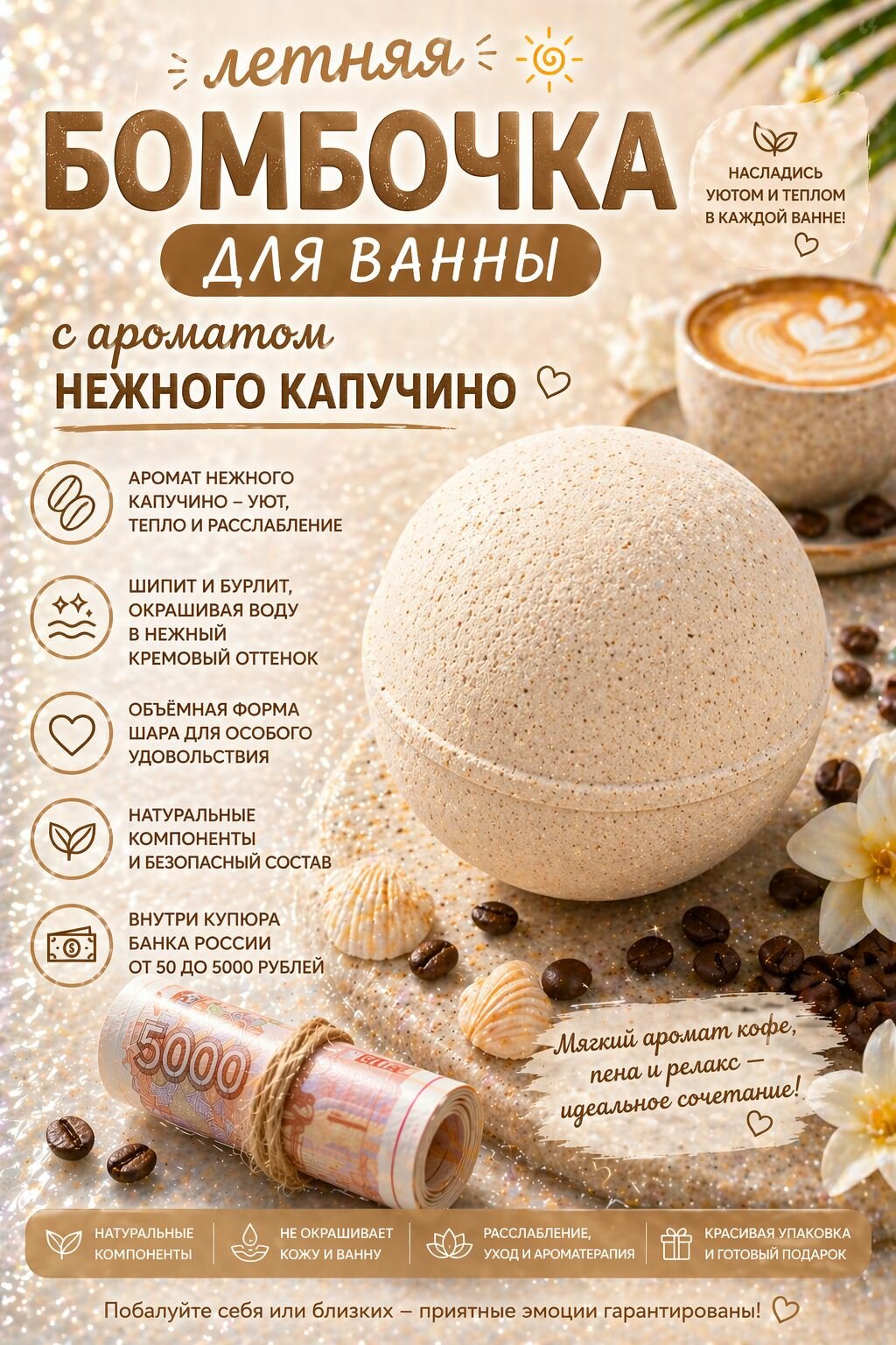 Денежные бомбочки для ванны аромат "нежный капучино"
