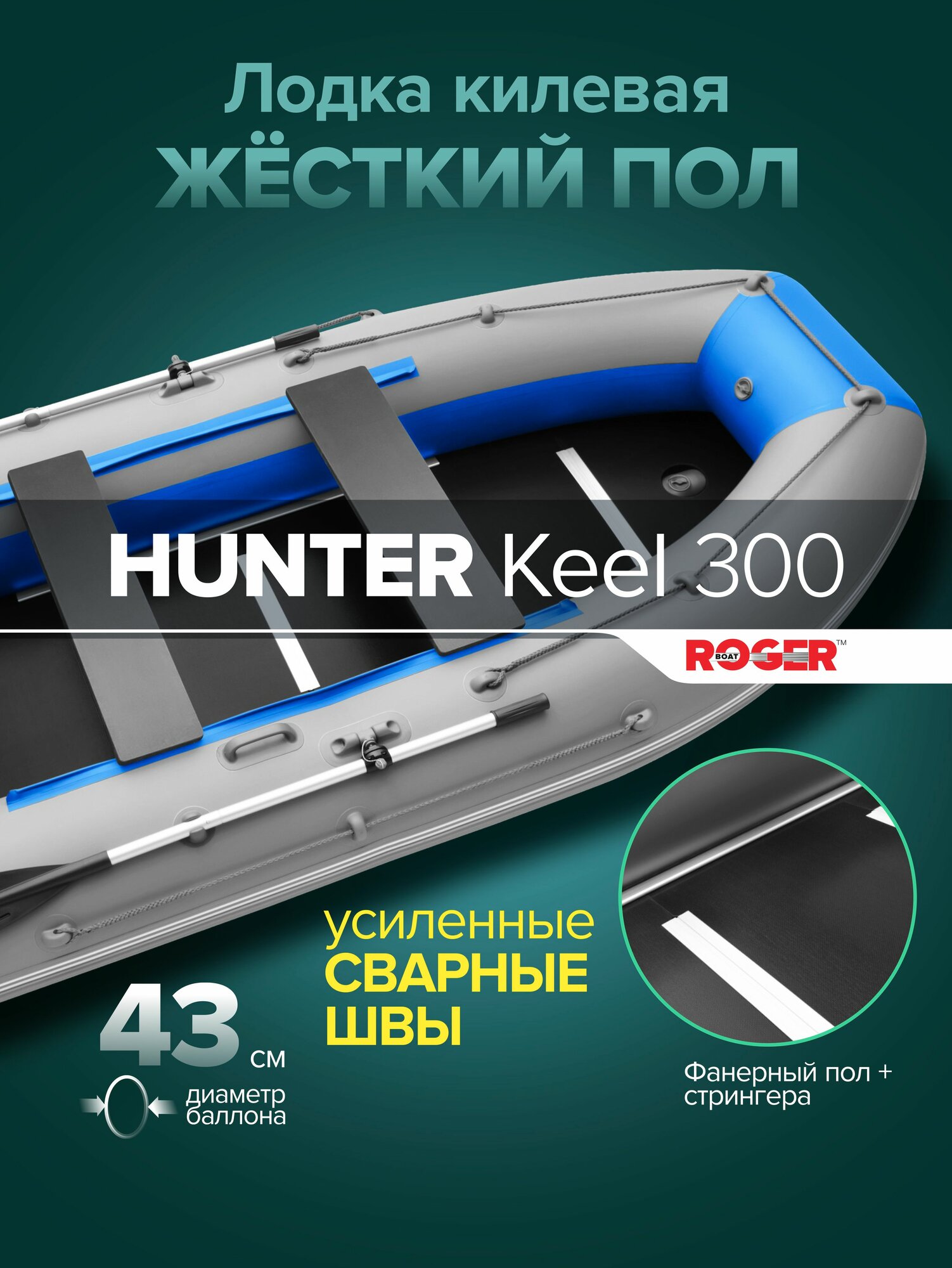 Лодка ПВХ под мотор ROGER Hunter Keel 300, надувная для рыбалки с жестким полом (серый-синий)