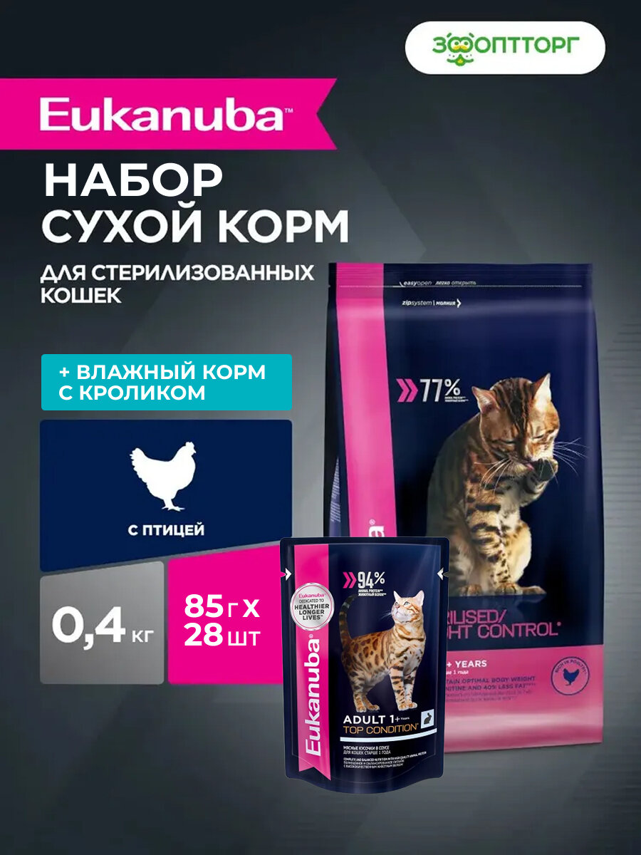 Комбо-набор Eukanuba сухой+влажный кусочки в соусе для стерилизованных и с избыточным весом взрослых кошек, Птица, кролик, 400 г + 85 г х 28 шт.