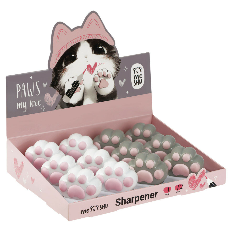 Точилка пластиковая MESHU "Little Paw", 1 отверстие, дисплей бокс, ассорти, 12 штук, 380536