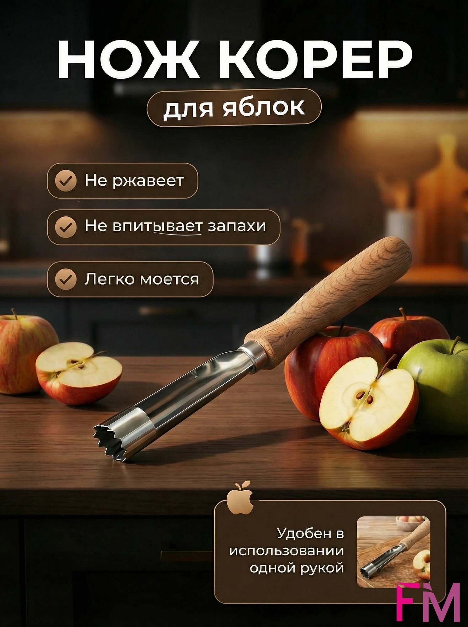 Нож для удаления сердцевин яблок, нож корер из нержавеющей стали с деревянной рукояткой