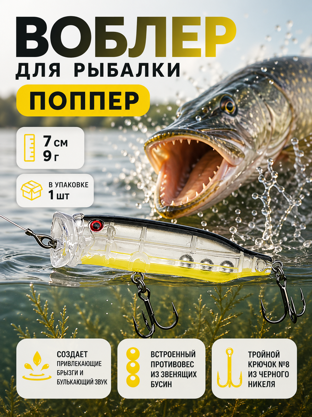 Рыболовный воблер поппер, прозрачная плавающая приманка Big Splash, для дальнего заброса с тройными крючками и погремушкой, 7 см/9 г, прозрачно-желтый