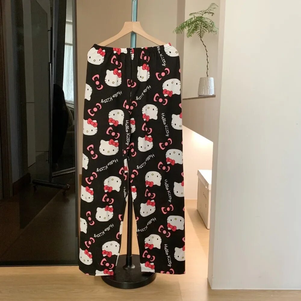 Новые пижамные штаны Hello Kitty для женщин, летние тонкие свободные повседневные штаны, домашние штаны с мультяшным рисунком, подходят для пар и для ношения на открытом воздухе.