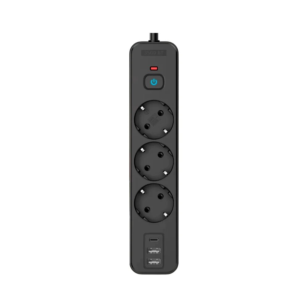 Сетевой фильтр Perfeo REAL HOME 3,0м, 3 розетки, 2USB+1TYPE-C, 16А, 3500 Вт, тройная защита, черный 30025618