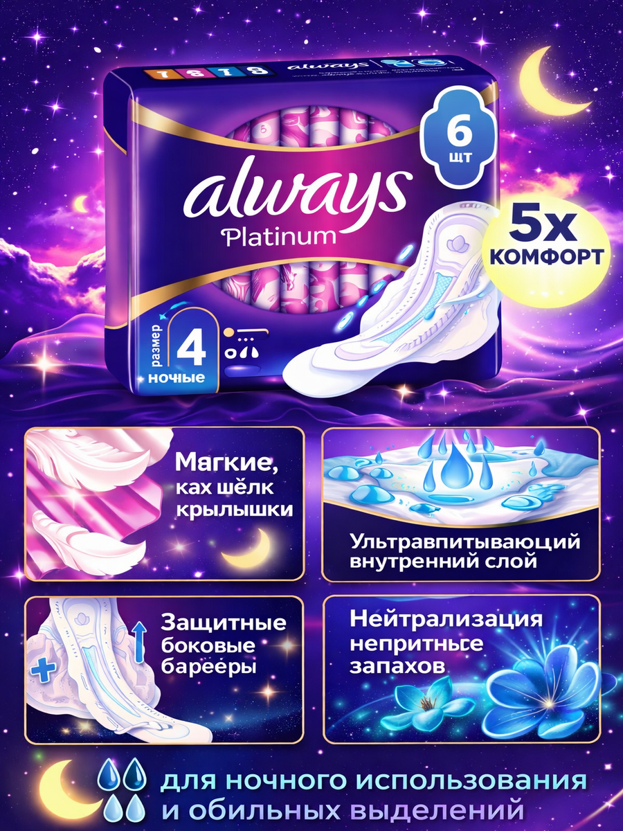 Прокладки гигиенические Always Ultra Platinum Night Single ультратонкие, 6шт