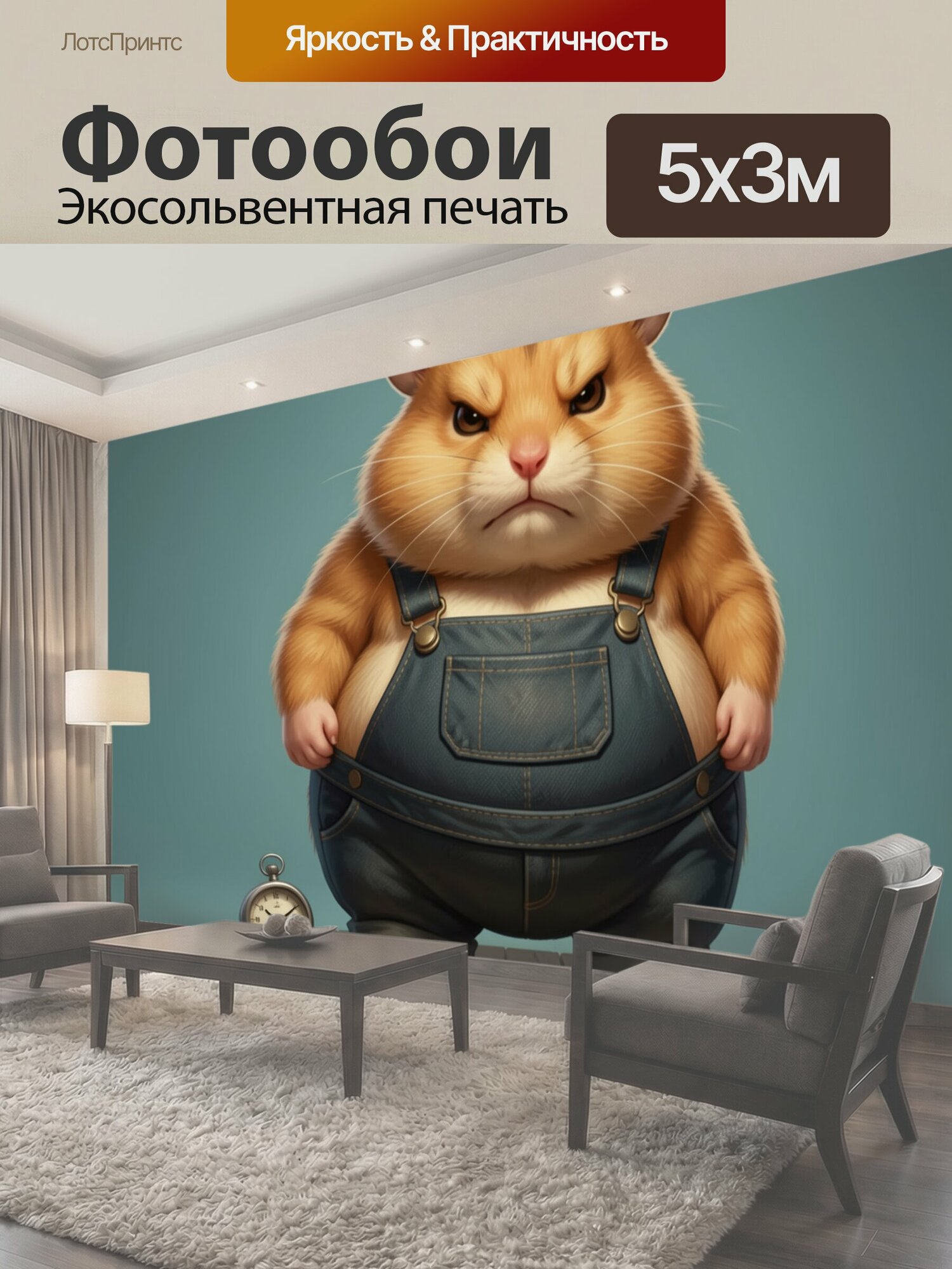 Фотообои "Суровый хомяк в комбинезоне. Забавный пушистый зверёк в джинсовой рабочей одежде, сине-бирюзовый фон, деревянная подставка, каска и." 500x300 см. экосольвентная печать