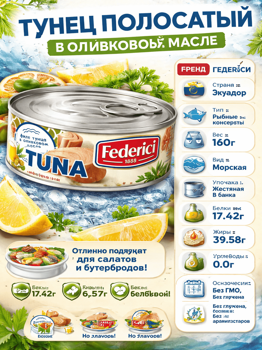 Тунец полосатый Federici в оливковом масле, 160г
