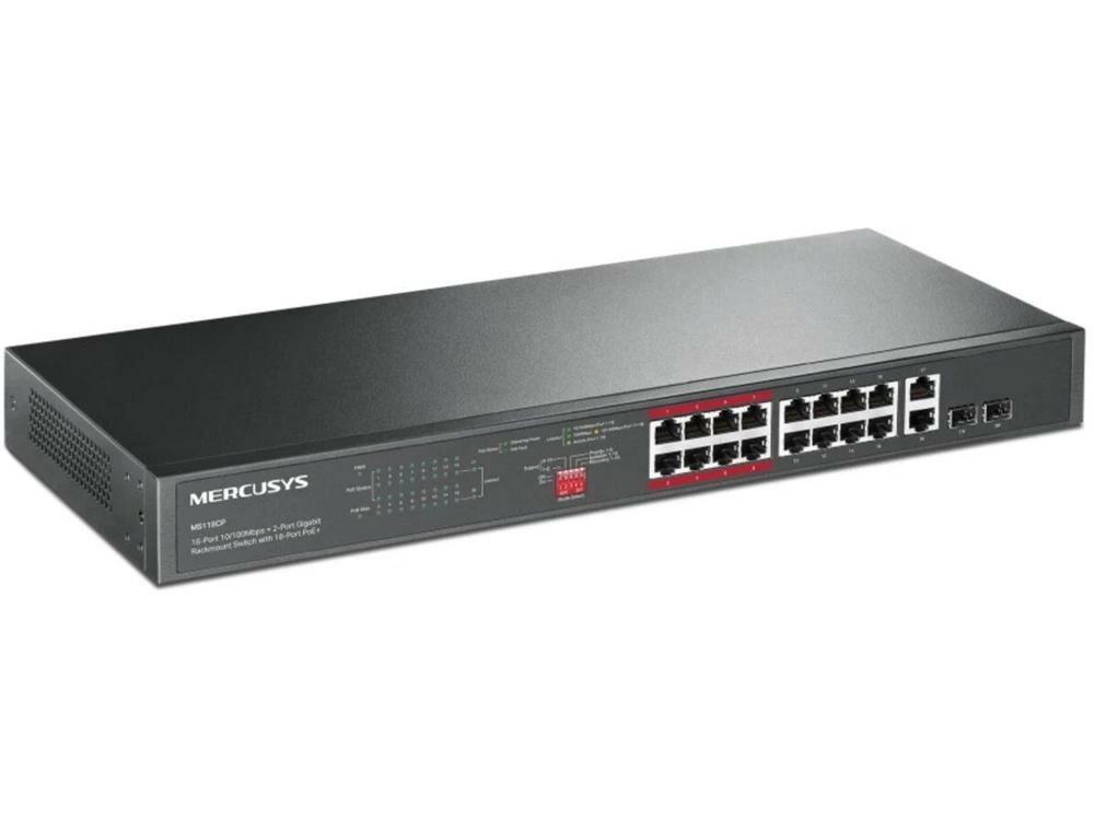 Коммутатор Mercusys MS118CP (L2) 16x100Мбит/с 2x1Гбит/с 2xКомбо(1000BASE-T/SFP) 16PoE+ 190W неуправляемый