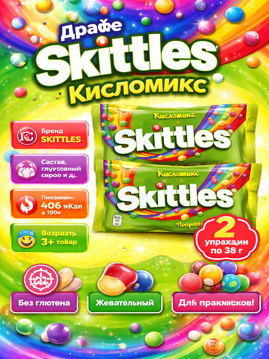 Драже Skittles Кисломикс, 38г x 2 упаковки