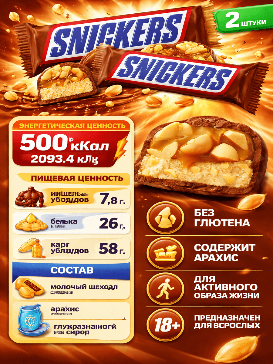 Батончик шоколадный Snickers 50.5г x 2 упаковки