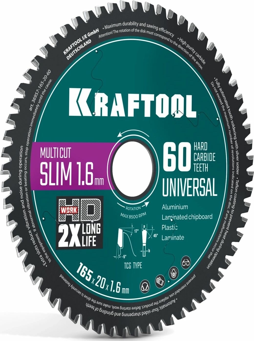 Диск пильный по дереву KRAFTOOL Slim multi cut 165 х 20 x 1.6 мм, 60Т