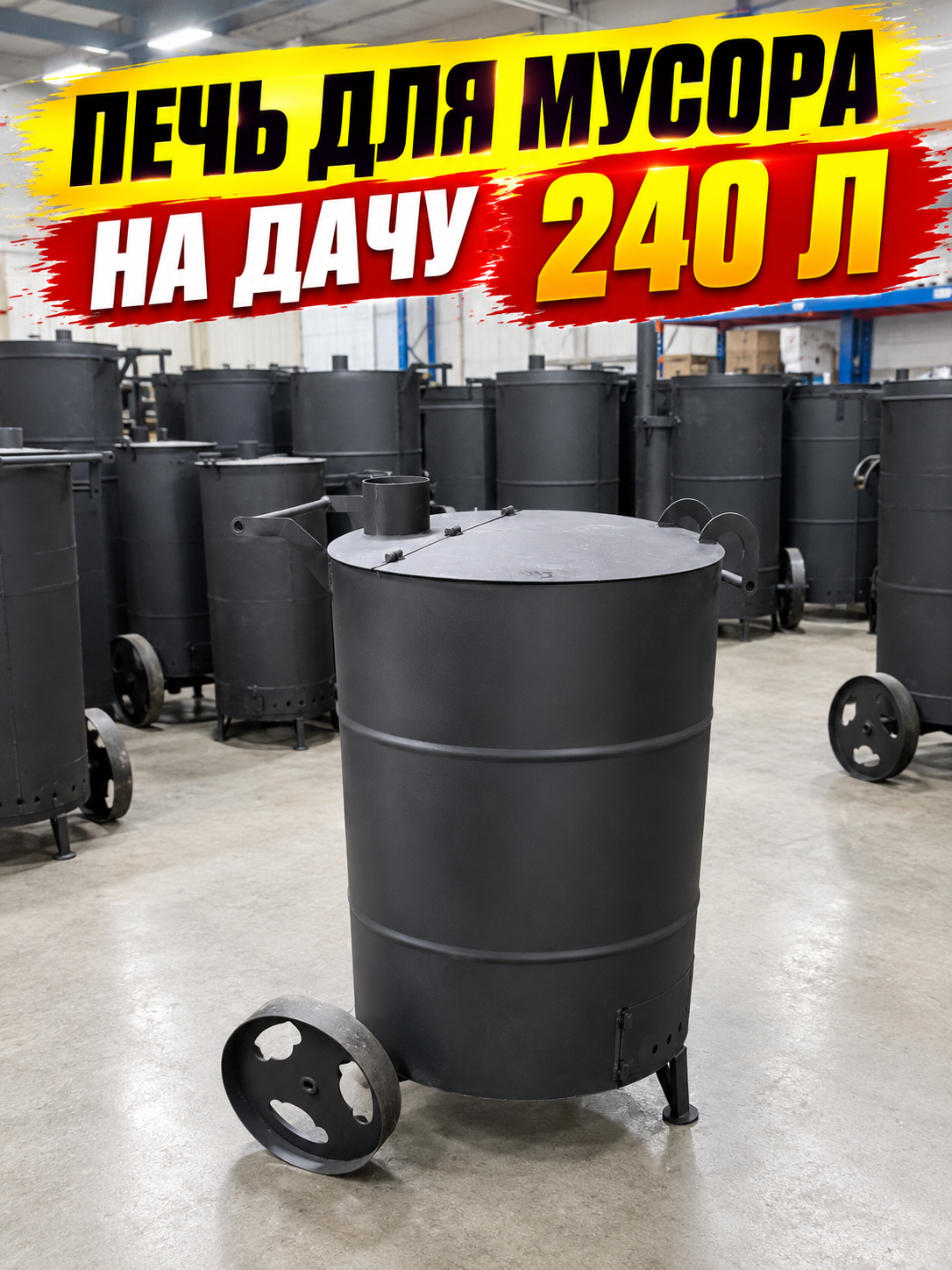 Печь для сжигания мусора с дымоходом 240л, сталь толщина 1,5 мм