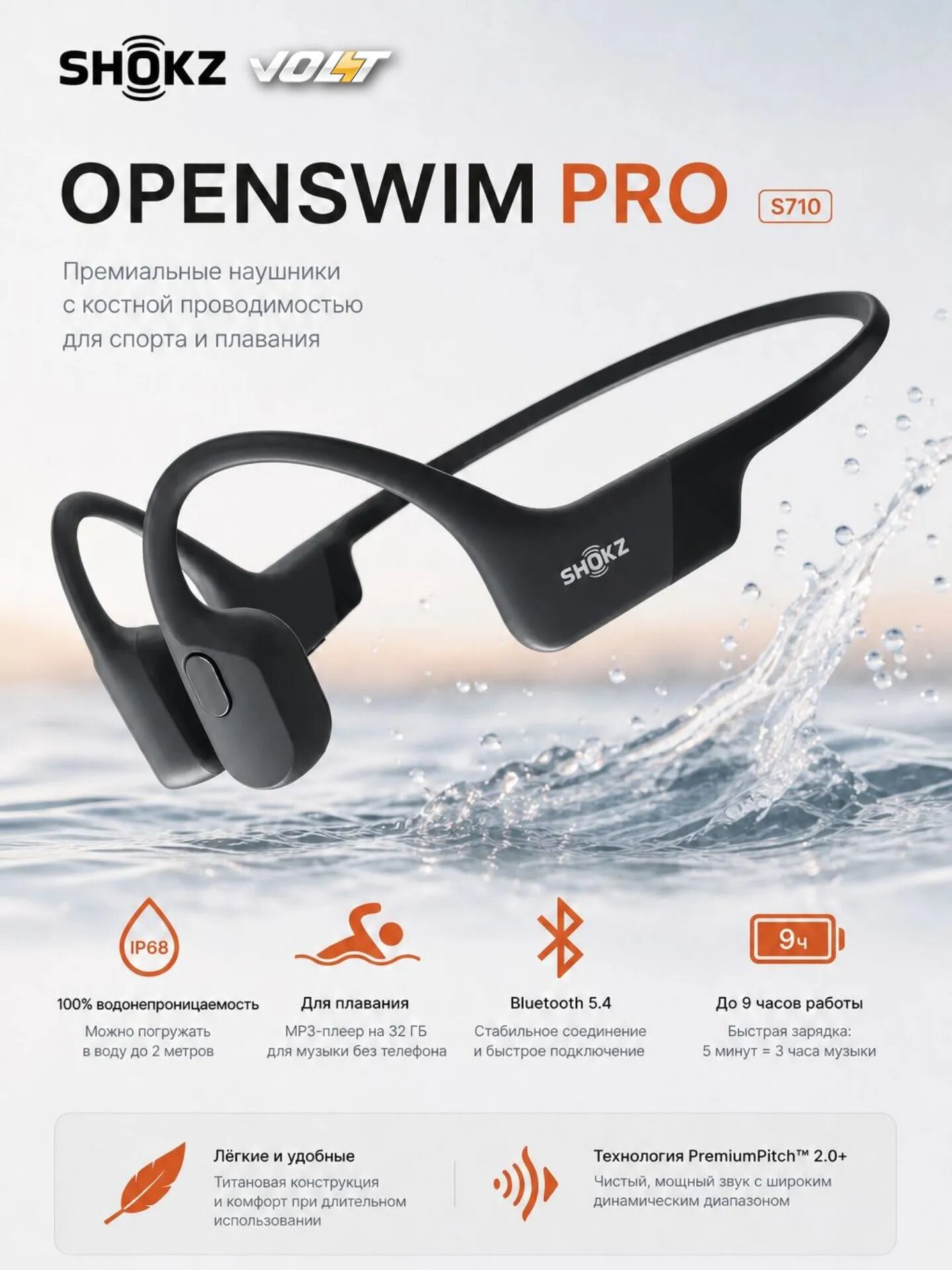 Беспроводные наушники Shokz OpenSwim Pro S710 с костной проводимостью. Водонепроницаемые. Серые