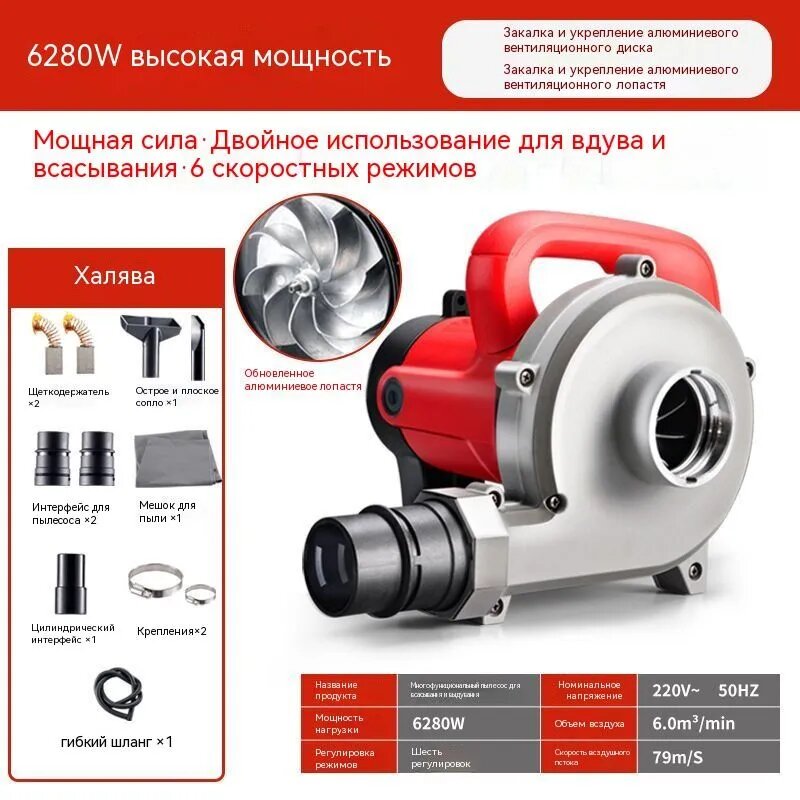 Строительный пылесос для всасывания и выдува 6280W, 6 скоростных режимов