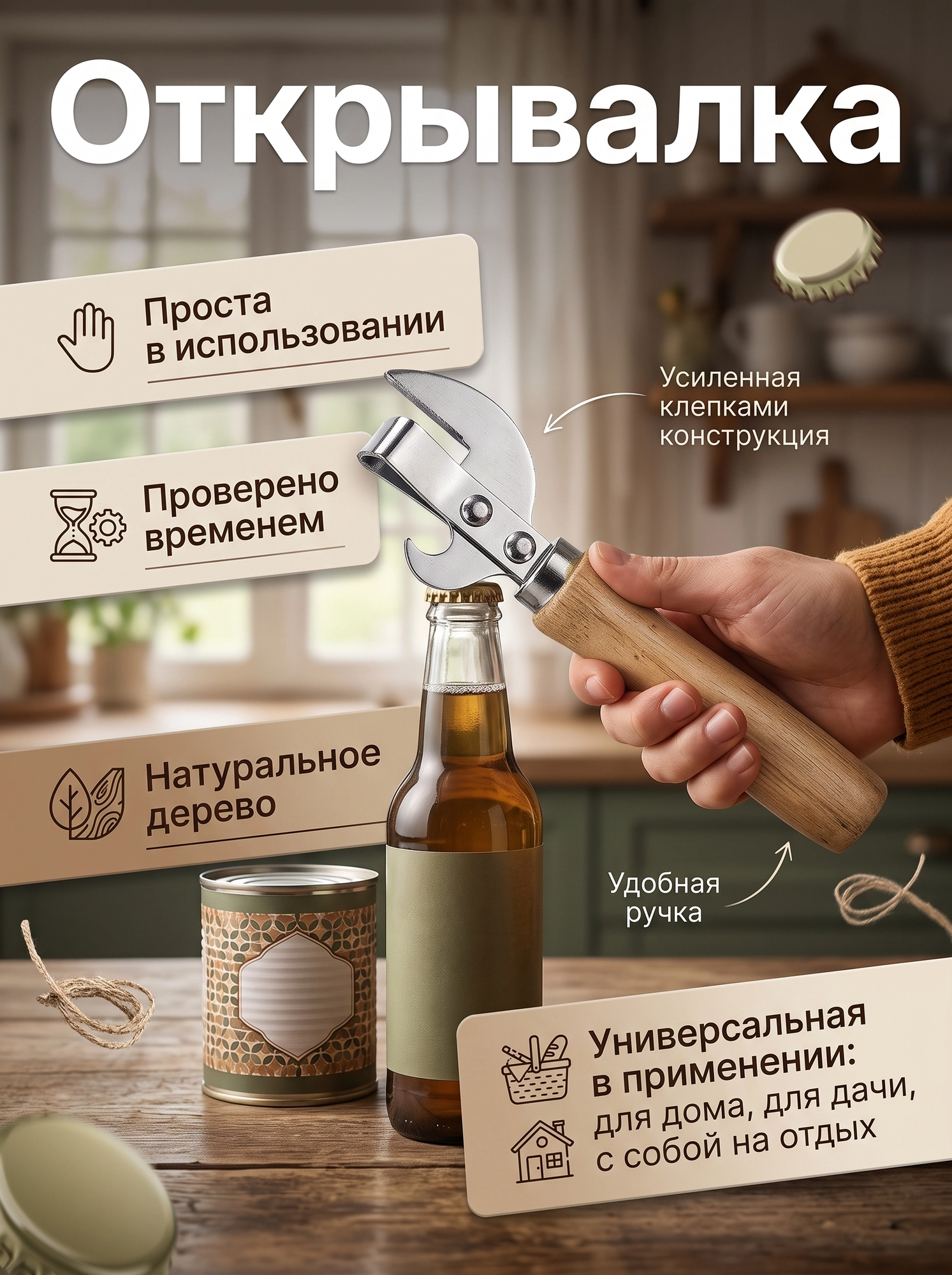 Открывалка для консервных банок металлическая, ручная, прочная, для дома и дачи