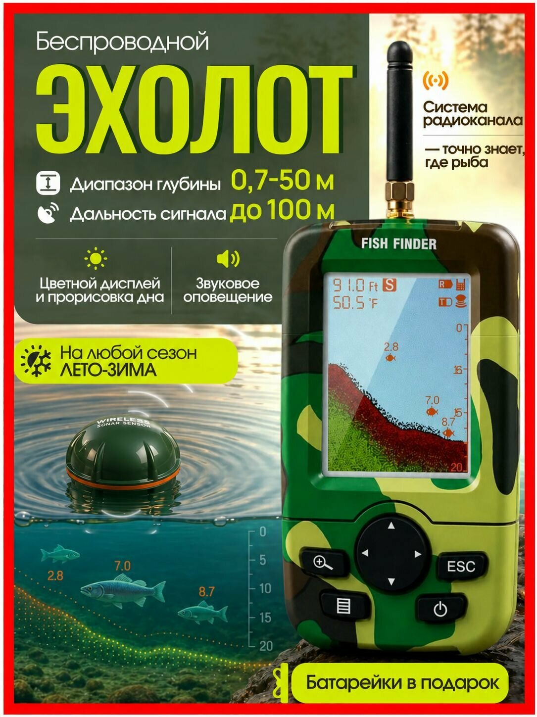 Эхолот для рыбалки с лодки и берега. Эхолот беспроводной