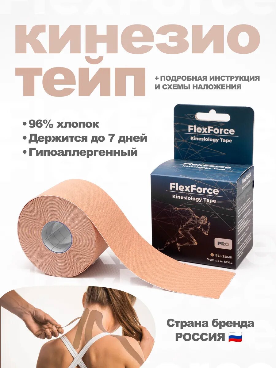 Кинезио тейп FlexForce 5 см × 5 м, спортивный тейп для тела, бежевый