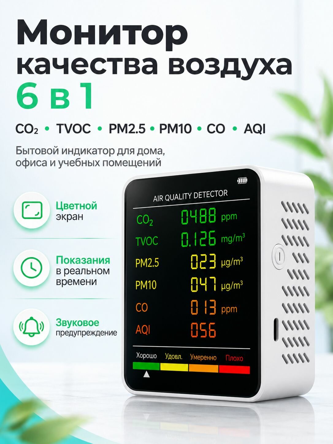 Монитор качества воздуха 6 в 1 CO2 TVOC PM2.5 PM10 CO AQI для дома и офиса, белый
