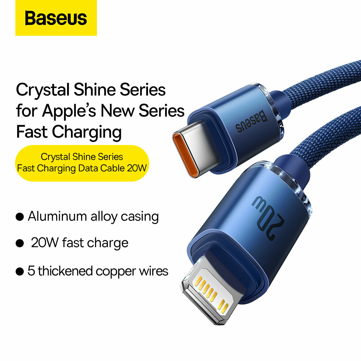 Кабель Baseus Type-C to Lightning 8pin 20W "быстрая зарядка" Crystal Shine (CAJY000303) синий