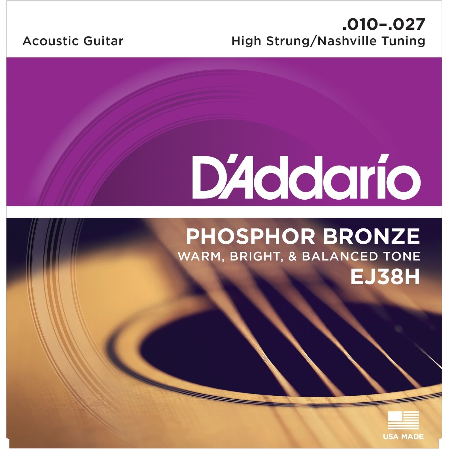 Комплект струн для акустической гитары D'ADDARIO EJ38H с обмоткой из фосфорной бронзы, 010-027
