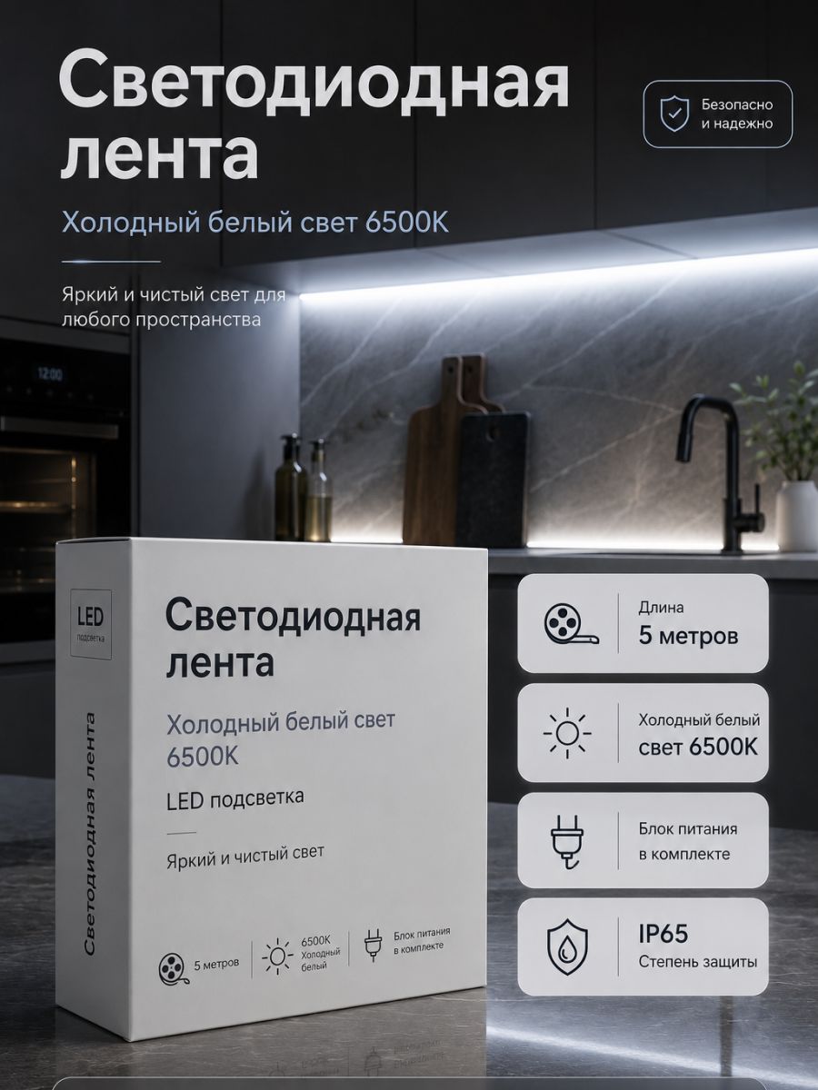 Лента светодиодная с блоком питания 5 метров, холодный белый свет, IP65, 12 В, 60 led/m