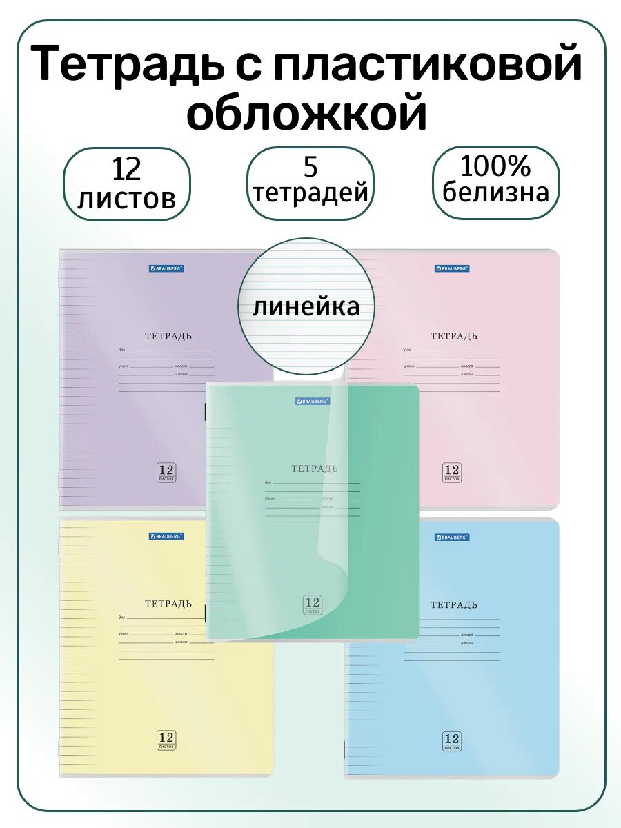 Тетрадь в линейку 12 л, с пластиковой обложкой, 5 шт