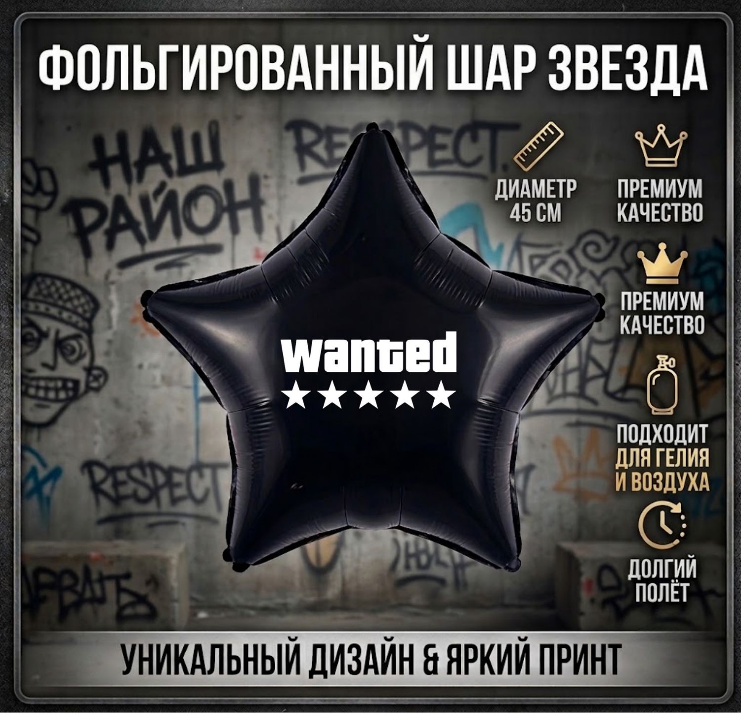 Воздушный фольгированный шар черная звезда с прикольной надписью "WANTED" на день рождения или любой другой праздник
