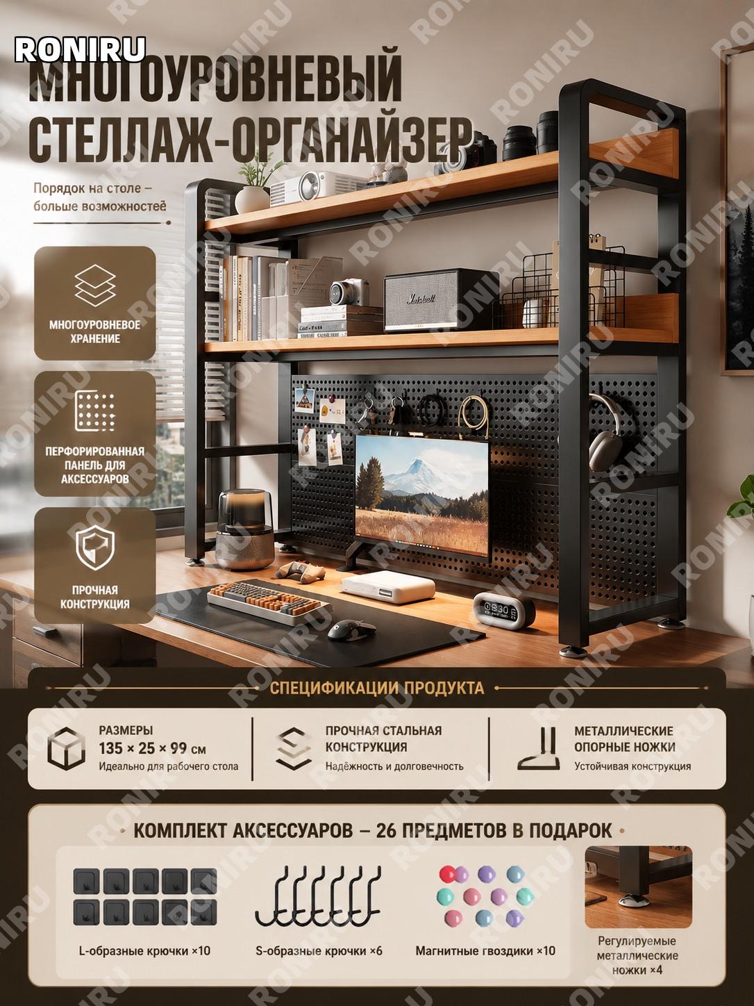 Настольная полка органайзер с перфопанелью 135×25×99 см, 2 яруса, 26 предметов, дождевой ясень с черной рамой!