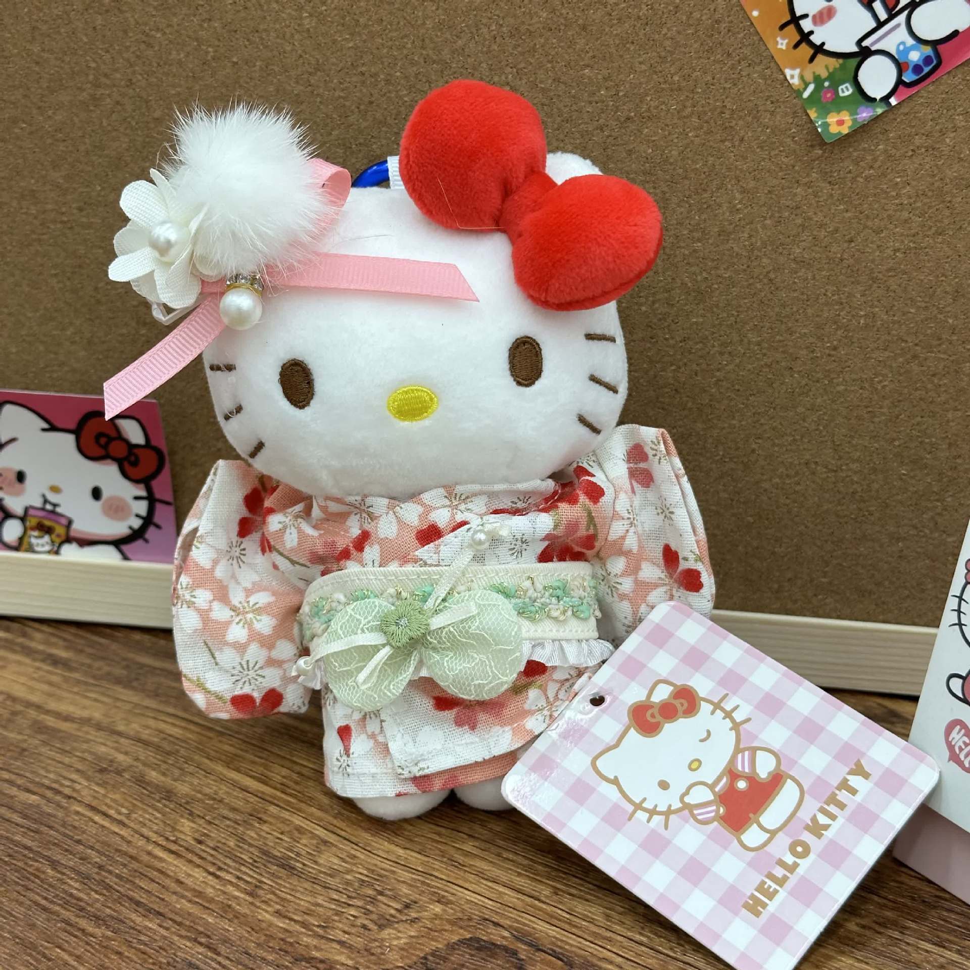 Милый плюшевый брелок Hello Kitty с розовый кимоно, мультяшная игрушка-подвеска на сумку