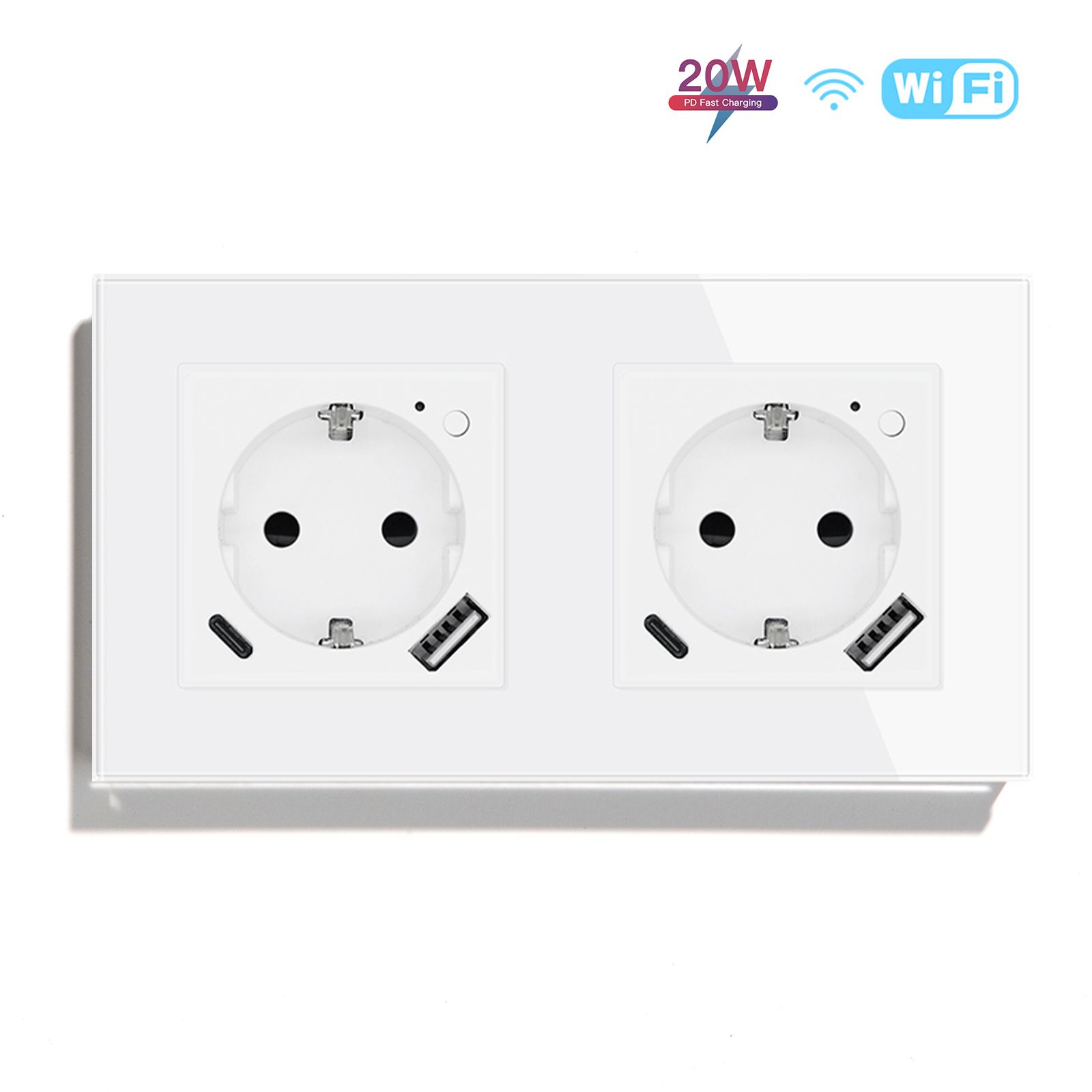 Розетка Умная WiFi двойная с USB и type-C входами, быстрая зарядка 20W, с мониторинг потребления, рамка стекло Белая