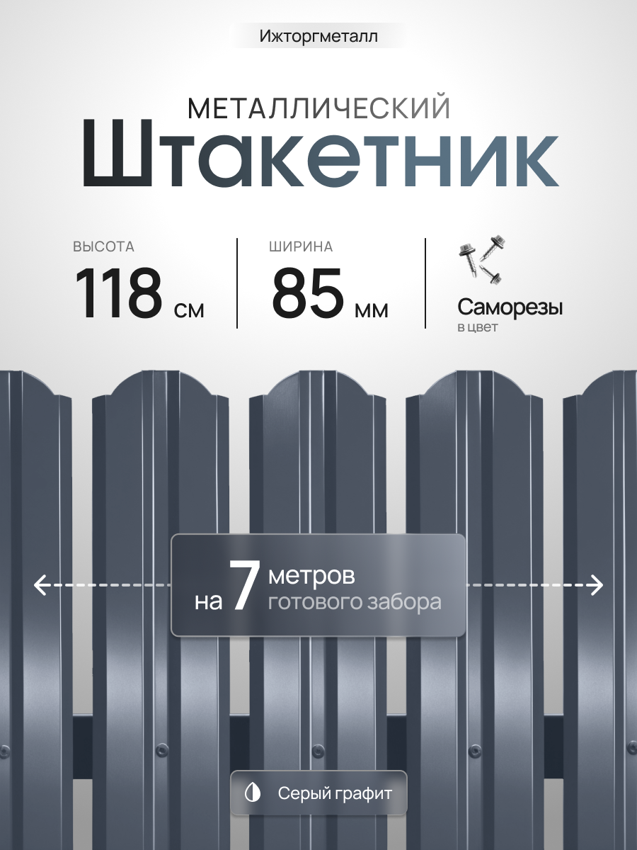 Штакетник забор металлический, 120 см, 85 мм, 50 шт, (серый графит), для дачи и огорода
