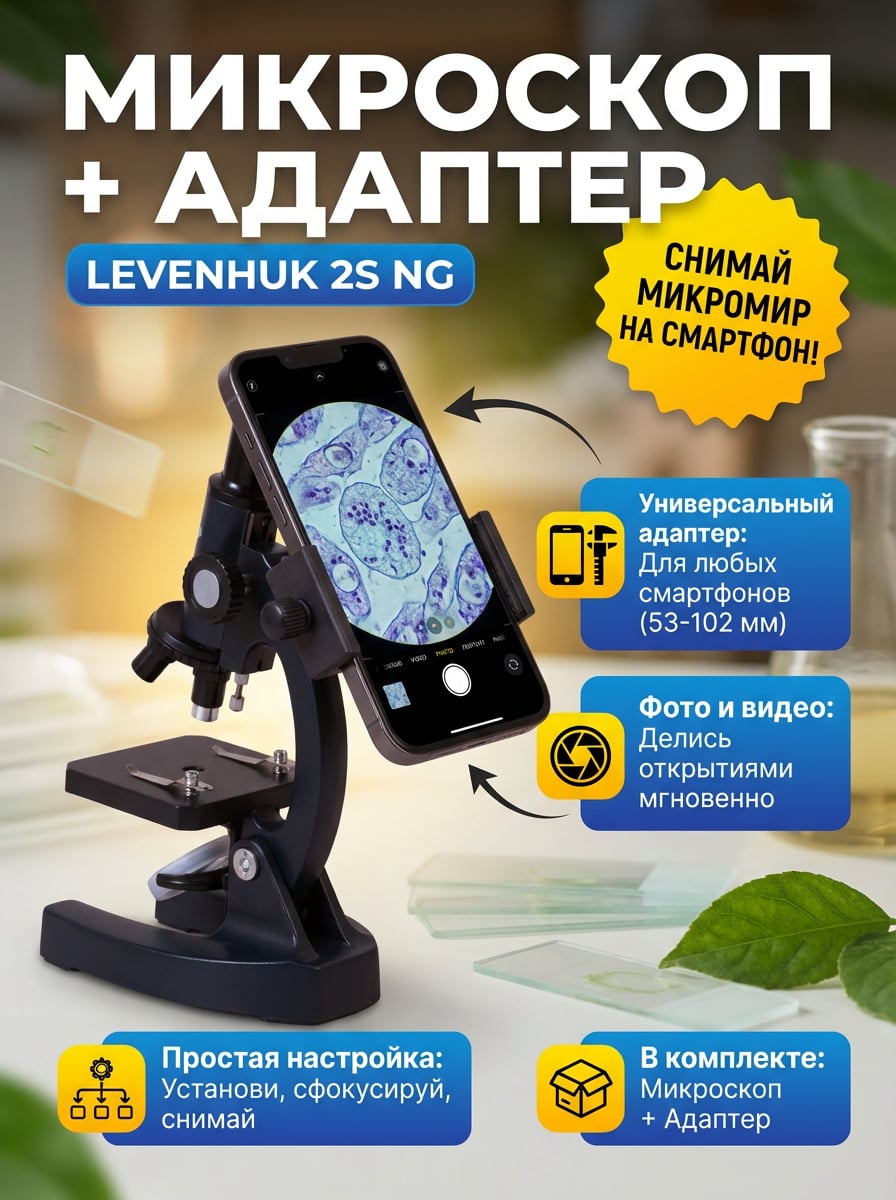 Микроскоп монокулярный Levenhuk 2S NG в комплекте с адаптером Levenhuk A10 для смартфона