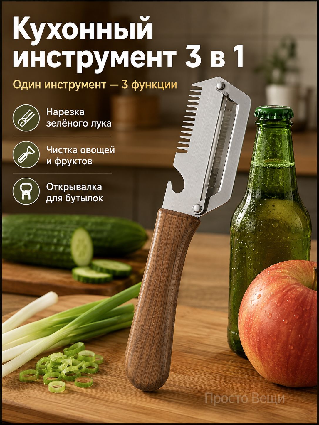 Овощечистка 3 в 1 из нерж. стали и дерева,1 шт.