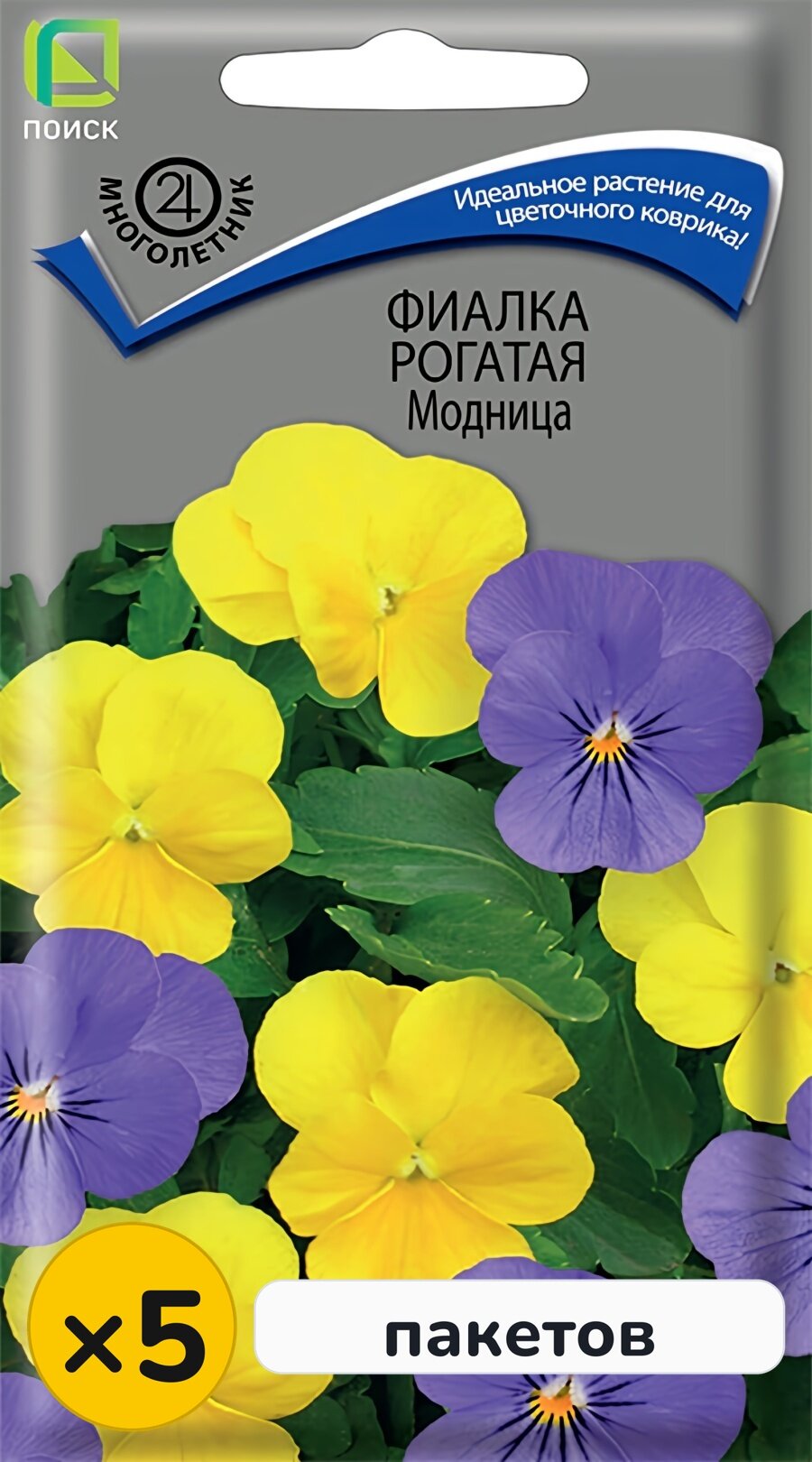 Семена фиалки (Виола) рогатая Модница, 0,1 г, 5 пакетов, поиск, однолетник, высота до 15 см, посев на рассаду в феврале
