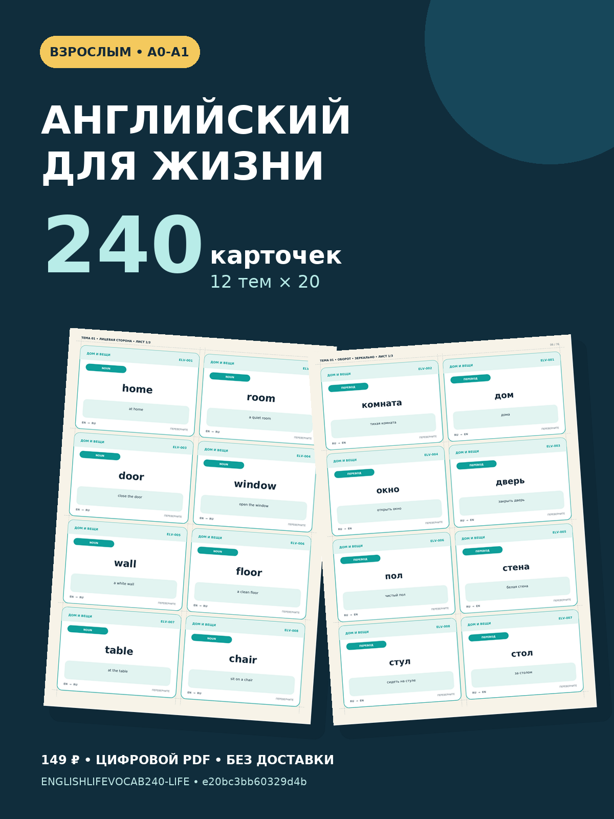 Английский для жизни: 240 карточек базовой лексики, цифровой PDF A4