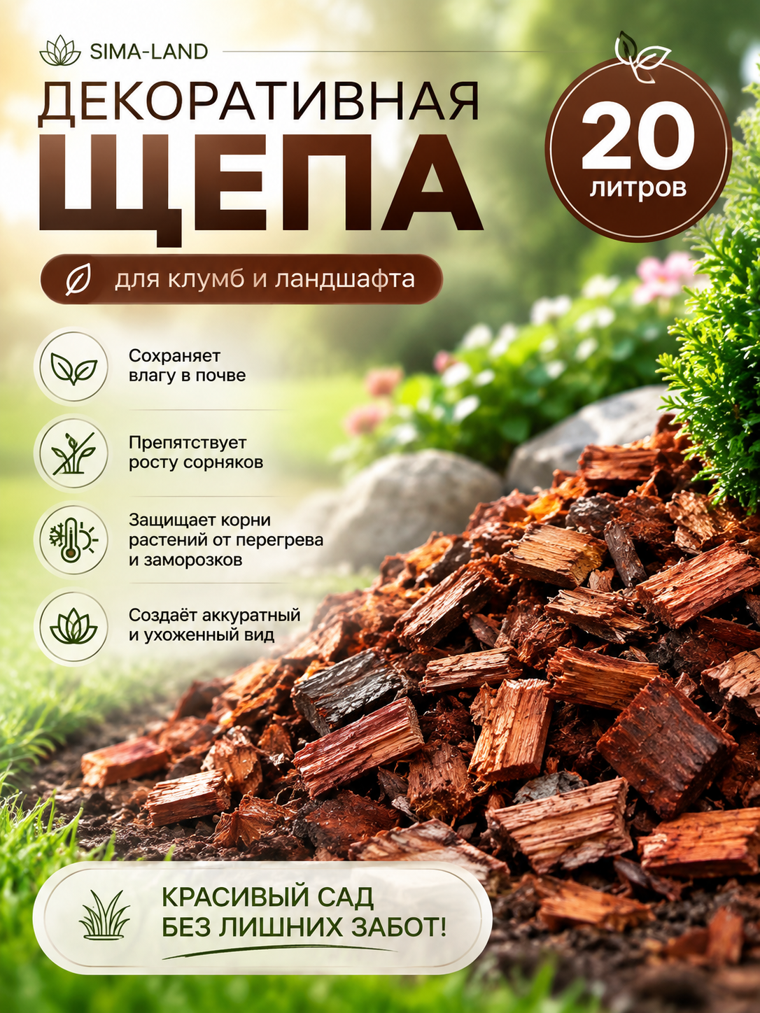 Щепа декоративная Сима-ленд, для клумб, коричневая, 20 литров