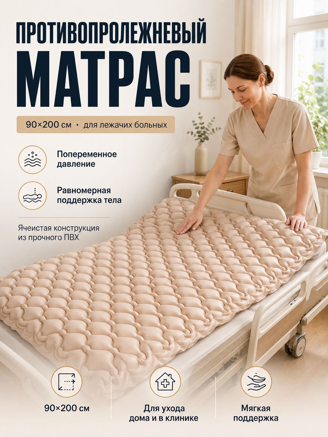 Матрас противопролежневый для лежачих больных 90200 см, ячеистый медицинский матрас от пролежней, влагостойкий ПВХ