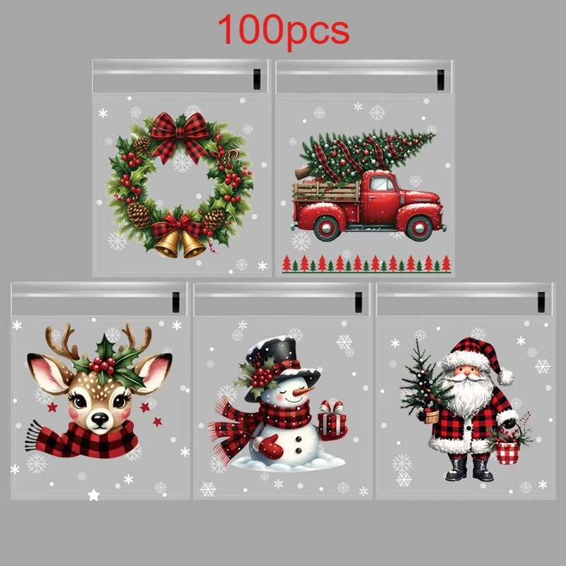 Самоклеящиеся подарочные пакеты с рождественской тематикой Красный, random 100pcs