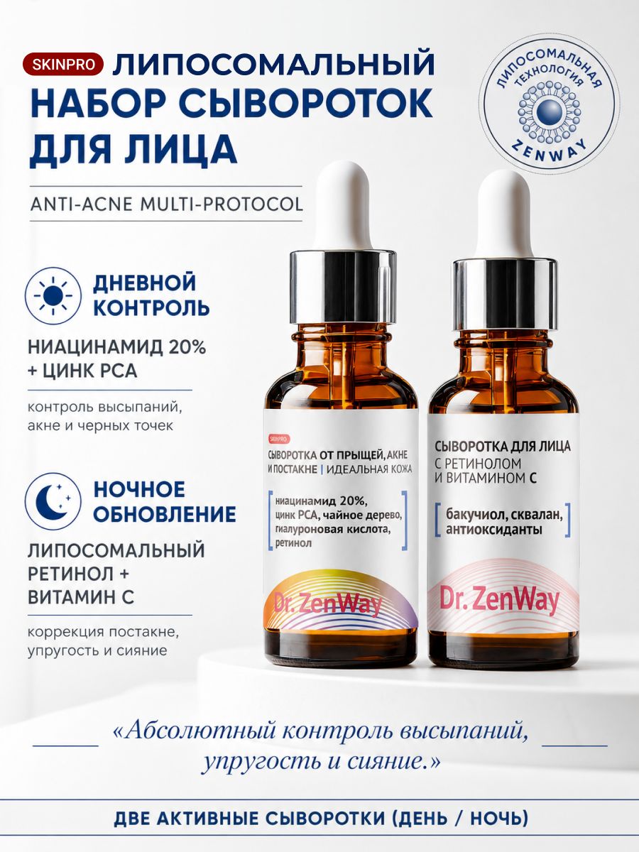 Липосомальный увлажняющий набор анти акне MULTI-PROTOCOL: сыворотка с ниацинамидом 20% от прыщей, акне, черных точек, постакне. Антивозрастной лифтинг с ретинолом от несовершенств лица 2шт, Dr. ZenWay