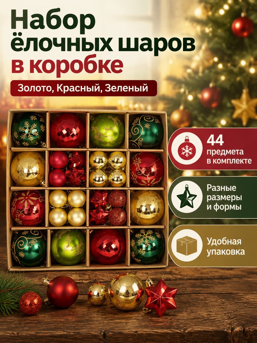Набор елочных шаров 44 шт, красные, золотые и зелёные подвески разных форм для елки и Нового года
